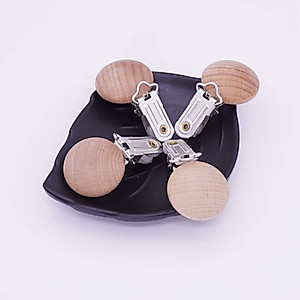 Sutoyuen 10Pcs 30mm (1.18") Natural Wood Pacifier Holder Round Beech Metal Teether Wooden Teething Beads Suspender Clips DIY Pacifier Accessories