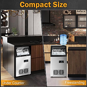 Commercial Ice Maker Machine, 140Lbs/24 with 2 Water Inlet Modes, 45Pcs Ice Cubes 8 Mins, 15" Stainless Steel Under Counter/Freestanding Ice Machine with 35Lbs Storage Bin for Home/Shop/Office/Bar