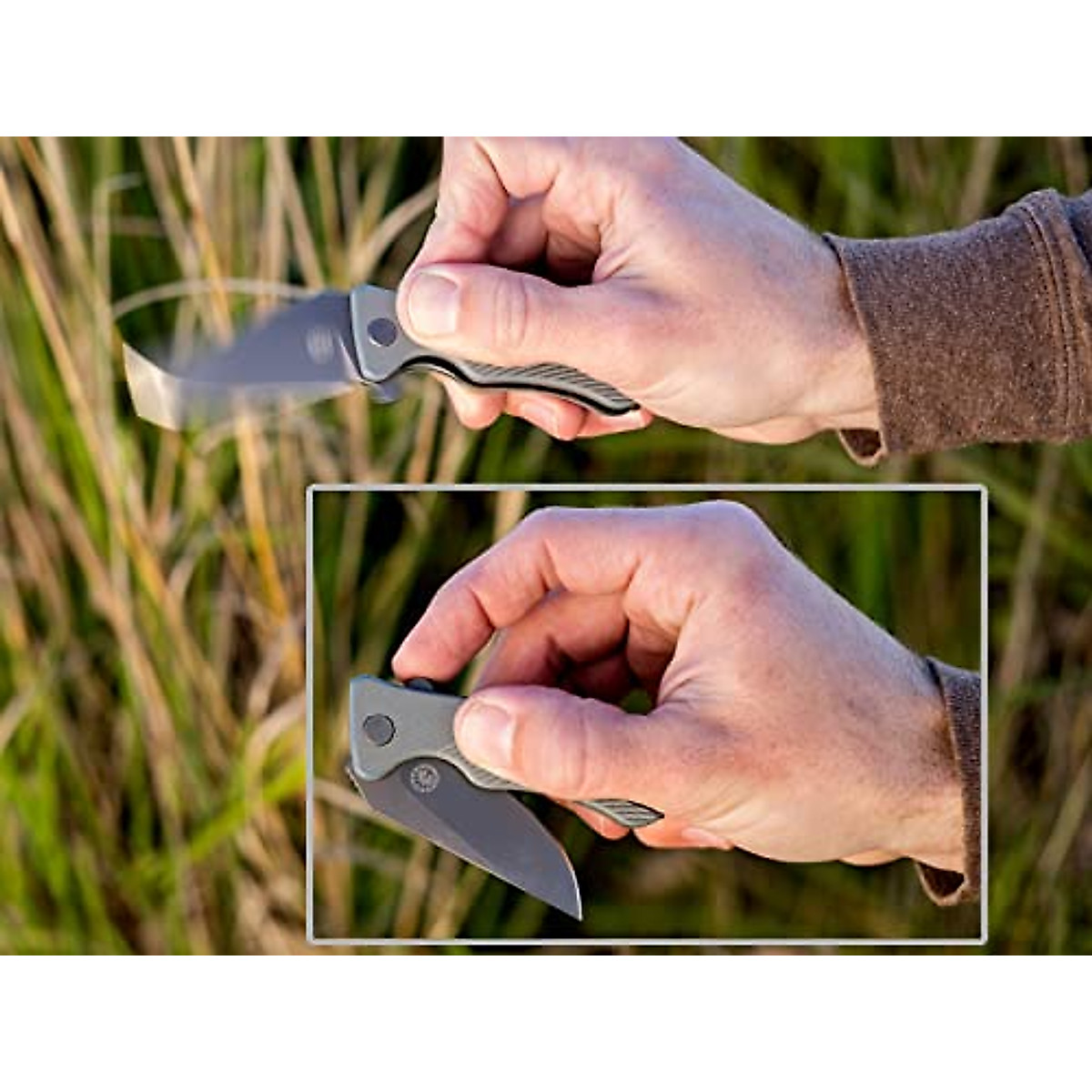 Off-Grid Knives - Baby Rhino - Legal Carry Heavy Duty Compact Folding Knife w. Sandvik 14C28N Blade Steel, Sky Gray G10 Scales, Deep Carry Left and Right Hand, Built Like A Tank