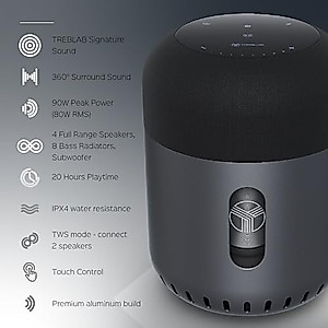 TREBLAB HD-360 Portable Bluetooth Speaker - Powerful 5-Driver System w/Subwoofer and 8 Bass Radiators, Loud 360° Surround Sound, 90W Stereo, 20H Playtime, IPX4 Waterproof Wireless Speakers