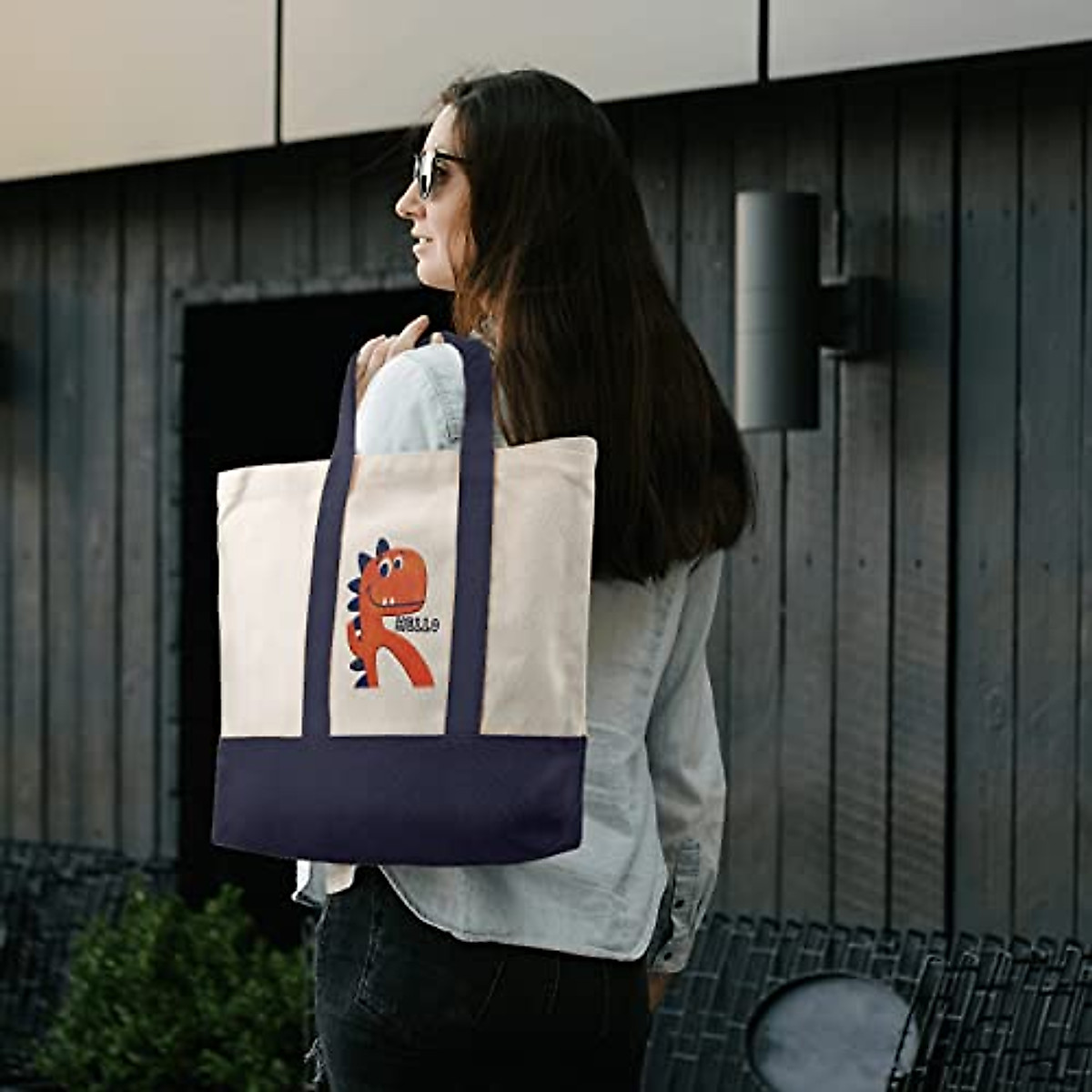 MOLYCHO Dinosaur Embroidery Shopping Groceries Cotton Bag Gift For Family Library Reusable Multipurpose