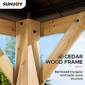 Sunjoy Hardtop Gazebo 13 x 15 ft. Standard Cedar Framed Wood Gazebo with Brown Steel and Polycarbonate Hip Roof Hardtop for Garden, Backyard Shade, Brown Roof + Natural Wood Frame
