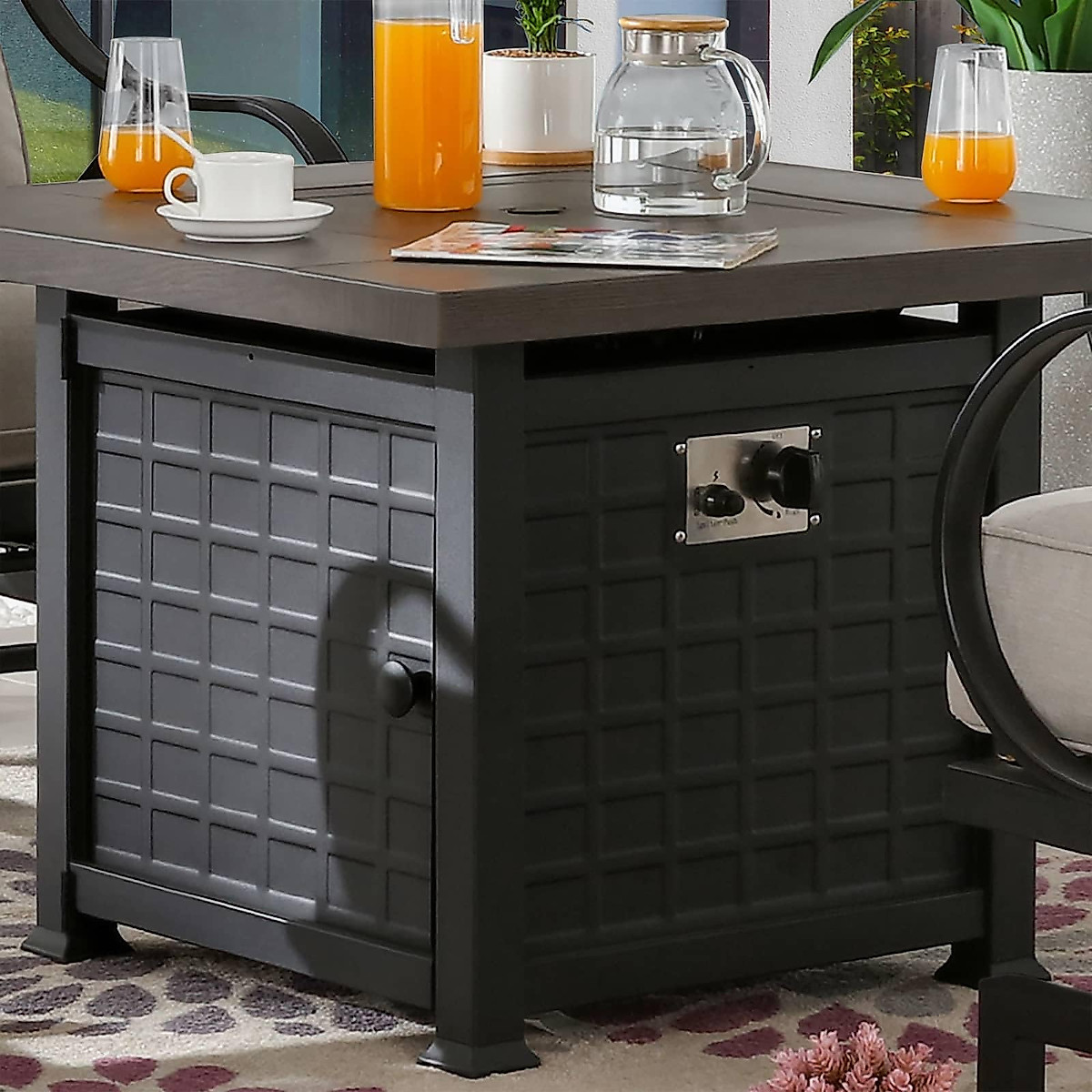 PatioFestival Patio Dining Set 5 Pieces High Back Outdoor Furniture Sets 50,000 BTU Square Propane Fire Pit Table with Outside Padded Swivel Rocker Dining Chairs (Grey)