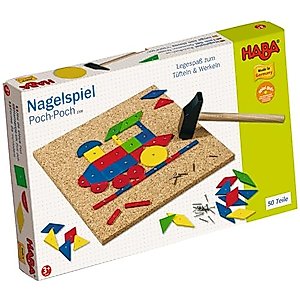 HABA Geo Shape Tack Zap Play Set - Make Geometric Designs with Corkboard, Hammer, Templates and 50 Wooden Tiles (Made in Germany)