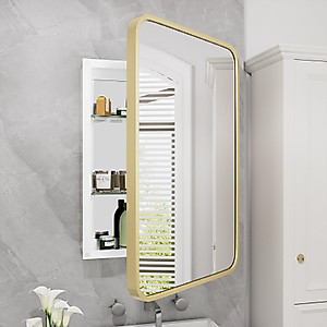 HOMECOOKIN Farmhouse Gold Metal Framed Recessed Bathroom Medicine Cabinet with Beveled Mirror Rounded Rectangle Bathroom Medicine Cabinet 16x24 inch