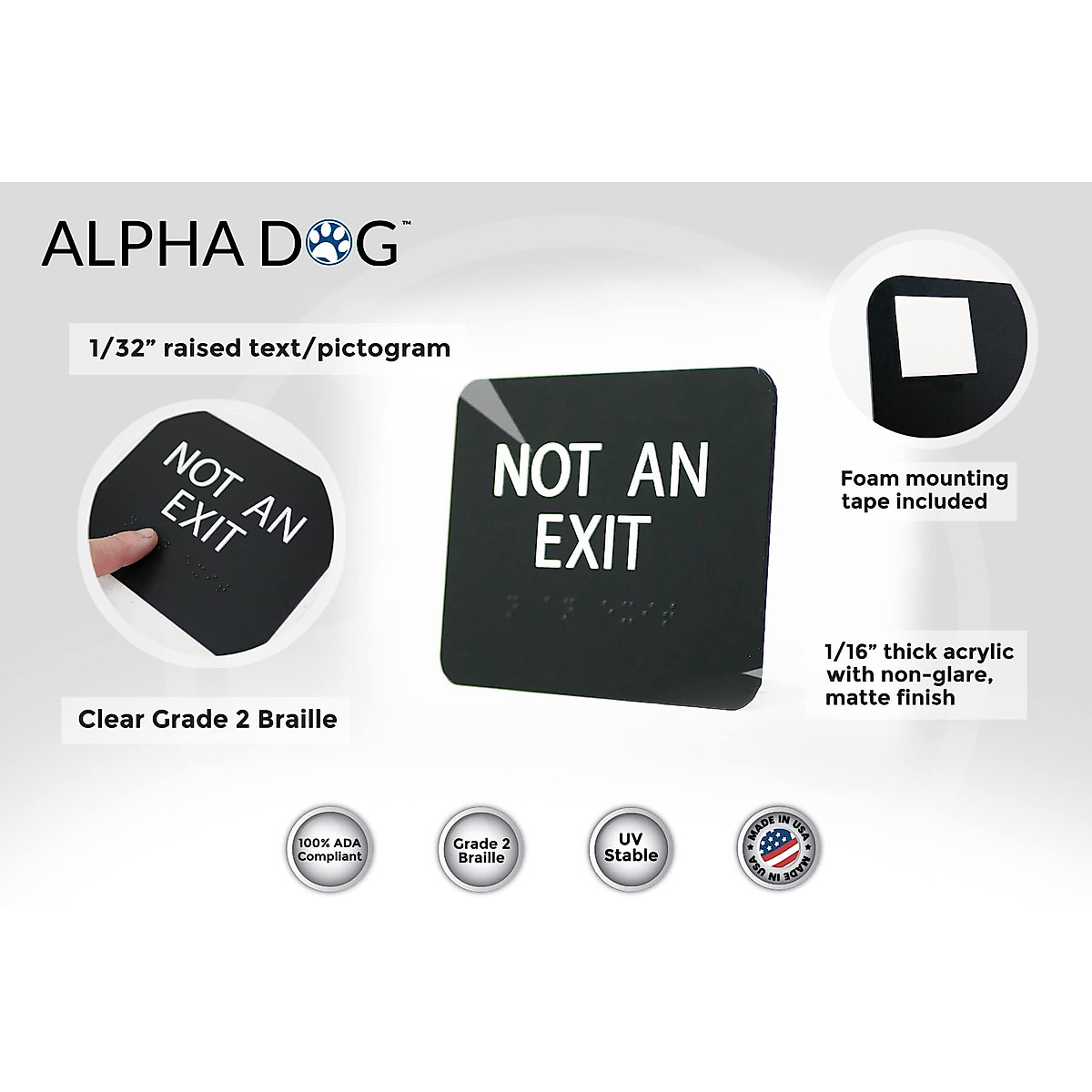 ALPHA DOG ADA SIGNS - Not An Exit Sign with Braille for Your Business, 4x5 Inch, ADA Compliant, Indoor or Outdoor, Easy Installation, Made in the USA, Black