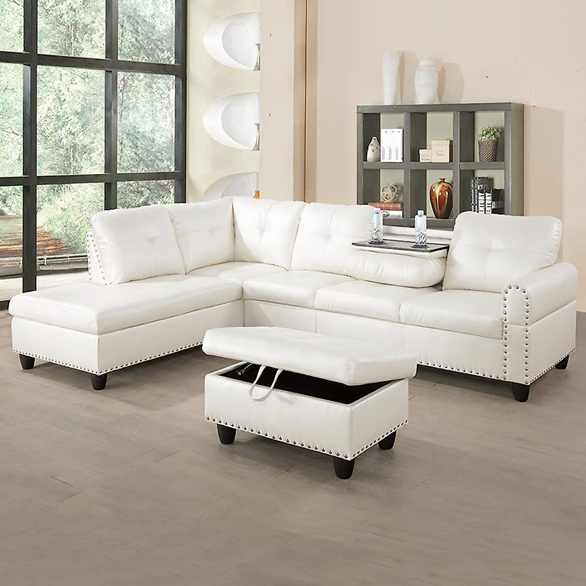 GEBADOL 97" Wide Rivet Designed L-Shaped Sofa Set 3 Pieces Faux Leather Couch and Chaise with Extra Storage Ottoman for Living Room/Office/Apartment (Left-Hand Facing, White)