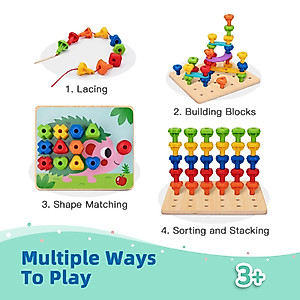 TOOKYLAND Peg Board Stacking Toy - 53pcs - Color and Shape Matching Game with Lacing Beads, Learning Sensory Pegboard Set for Kids 3 Years Old +