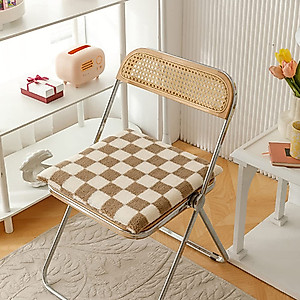 vctops Buffalo Plaid Chair Cushion Faux Fur Sherpa Seat Pad Non Slip Square Seat Cushion Pad for Kitchen Dining Office, Machine Washable (Brown A,16"x16")