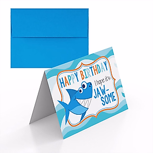 JAW-SOME Day Shark Themed Birthday Pun Themed Single (1) All Occasion Blank Birthday Card To Send To Friends & Family, 4"x 6" (when folded) Fill In Greeting Note Card by AmandaCreation