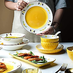 Porcelain Plate and Bowl Set,High-End Dinner Set,Ceramics Dinner Sets, 48 Pieces Cartoon Hand Drawn Bee Pattern Cereal Bowl and Steak Plate Set | Porcelain Dinnerware Set for Family Gathering