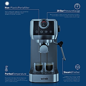 Espresso Machine,Wirsh 20 Bar Espresso Maker,Plastic-Free,Stainless Steel Expresso Coffee Machine for Espresso/Latte/Cappuccino, Touch Screen
