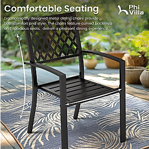 PHI VILLA 7-Piece Metal Patio Outdoor Table and Chairs Outdoor Dining Set - 60" Patio Table with Umbrella Hole and 6 Backyard Garden Chairs, Black