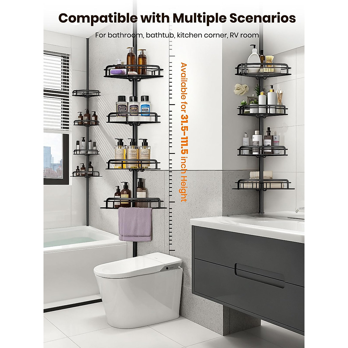 ENRUNEST Corner Shower Caddy Tension Pole for Bathroom Organizer,Tension Shower Caddy Corner,4 Tier Rustproof Larger Capacity Shelves,Adjustable 31.5 to 111.4 Inch,Black