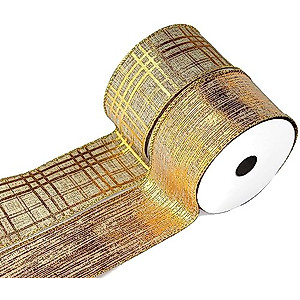 Gold Ribbon Wired Christmas Tree Ribbon 2.5 Inch Xmas Ribbons 6 Rolls 36 Yards Burlap Organza Sheer Mesh Metallic Glitter Crafts Decorating Gift Wrapping Bows Gift Wrap Bow Tree Topper Wreath