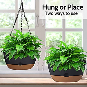 EURCRBU 2 Pack Hanging Planters for Outdoor Indoor Plants, 10 Inch Plastic Outdoor Hanging Planter, Hanging Flower Pots for outside with Drainage Holes & Removable Saucer for Garden Home (Dark Grey)