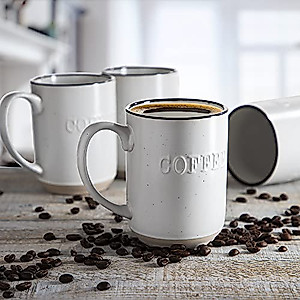 Sheffield Home Set of Stoneware Coffee Mugs- 4 Printed Coffee Cups, Tea Cups, Latte Mugs 16 oz (White)