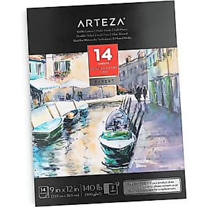 ARTEZA Watercolor Paper, 14 Sheets, 9x12 Inches Watercolor Pad, 140lb/300gsm, 100% Cotton, Double-Sided, Cold Press, Acid Free Art Paper