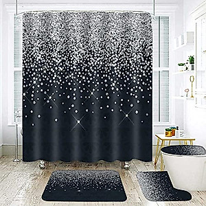 TERSUM Silver Gray Bokeh Diamond Shower Curtain Set,4PCS Bathroom Sets with Shower Curtain and Bath Mat, Toilet Lid Cover and U Shaped Rugs,72"x72" Polyester Fabric Bathtub Curtain with Hooks SETGXTE2