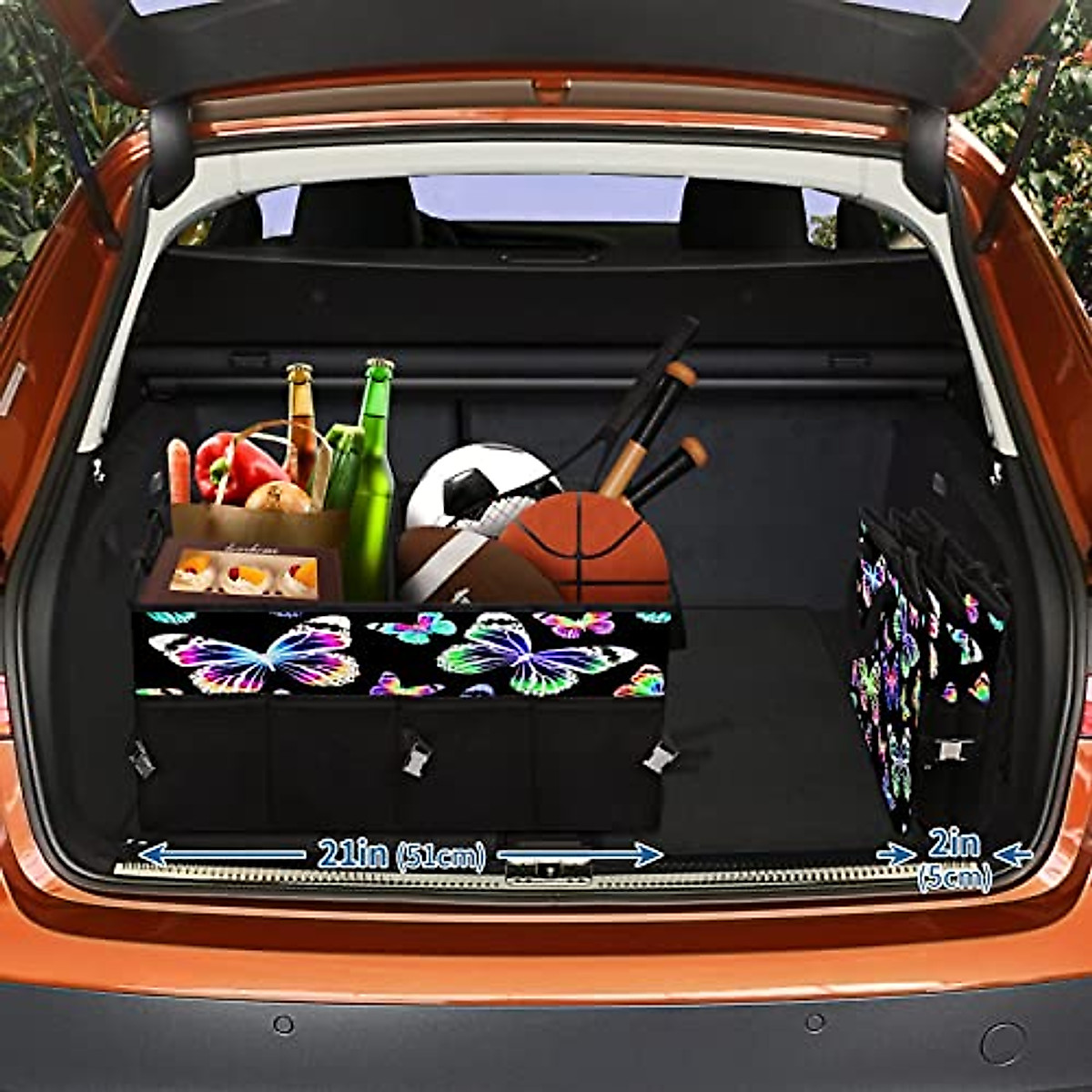 BOLIMAO Car Trunk Organizer Butterflies Black Background Back Seat Large Organizer Cargo Storage with Dividers Collapsible Trunk Cargo Organizer Tote Bag for Groceries SUV Sedan Camper Camping