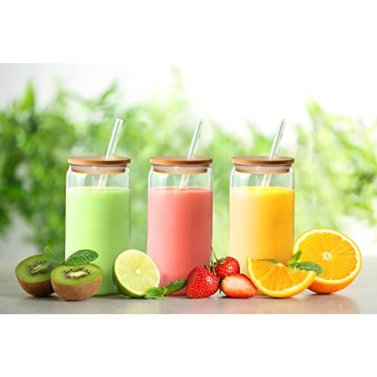 MMonDod 8 Pack Glass Cups with Lids and Straws,Iced Coffee Cup,Glass Beer Cups with Bamboo Lids and Straws,Can Shaped Glass Cups,Glass Soda Can Cup,16 oz Can Tumbler Glasses with Lid and Straw