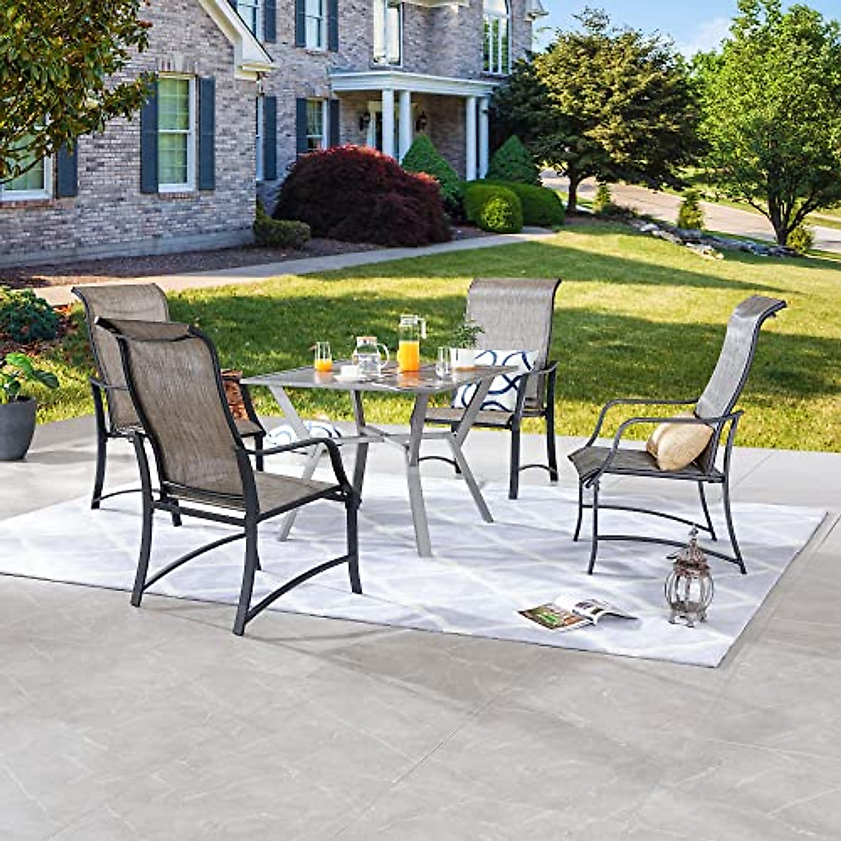 LOKATSE HOME 5 Pieces Outdoor Patio Dining Set Square Bistro Table with 2.1" Umbrella Hole and 4 Armrest Chairs for Garden Porch Backyard, Grey