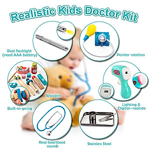 Juboury Doctor Kit for Kids 34Pcs Toy Medical Kit with Stain Steel Stethoscope, Flashlight, Tray, Iodine Cup, Wooden Accessories, Dress Up Costume and Doctor Bag for Kids, Girls, Boys, Toddlers