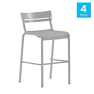 Flash Furniture Nash Commercial Grade Steel Stack Stool, Indoor-Outdoor Bar Stool with 2 Slat Back, Set of 4, Silver