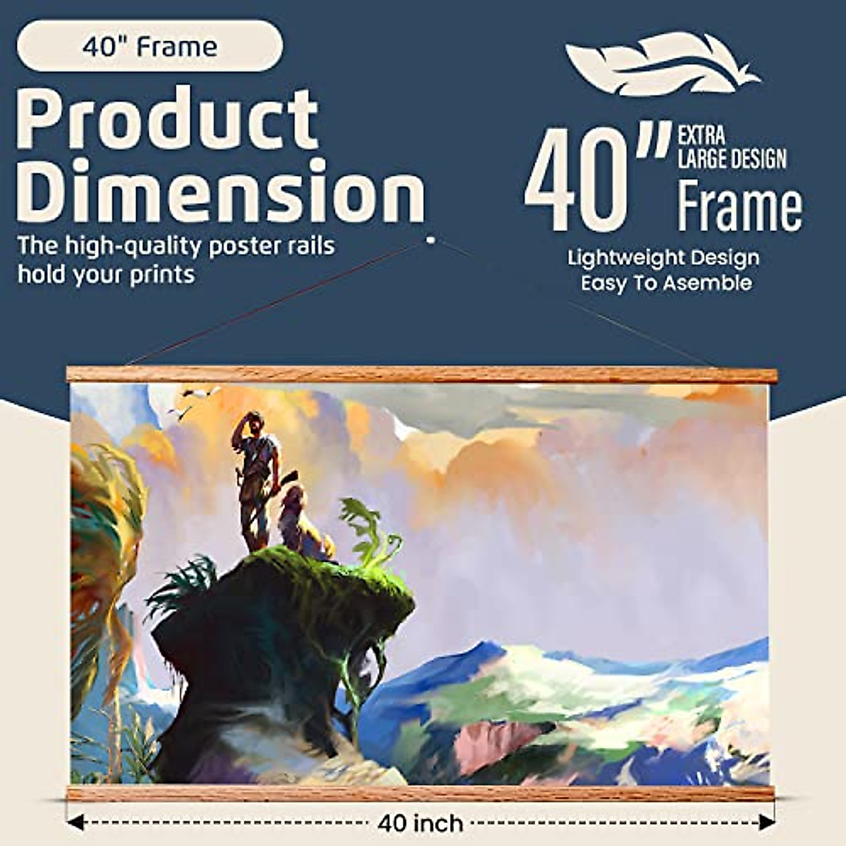 Landmass 40” Wide Magnetic Poster Frame, Poster Hanger - 40x20 40x27 40x30 40x60 Frame - Teak Wood Frame for Posters, Prints, Photos, Pictures, Maps, Scrolls, and Artwork