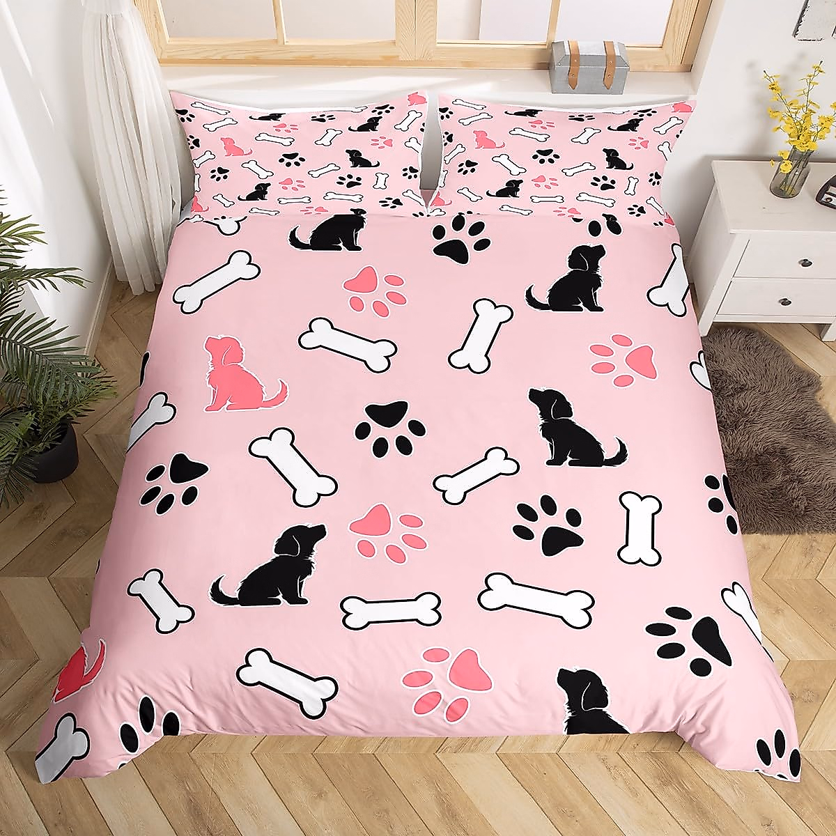 Castle Fairy Cute Dog Pattern Bedding Set,Pink Black White Comforter Cover Set for Teens Women Room Decor,Dog Paw Print Duvet Cover Breathable Kawaii Animals Bedspread Cover Full Size
