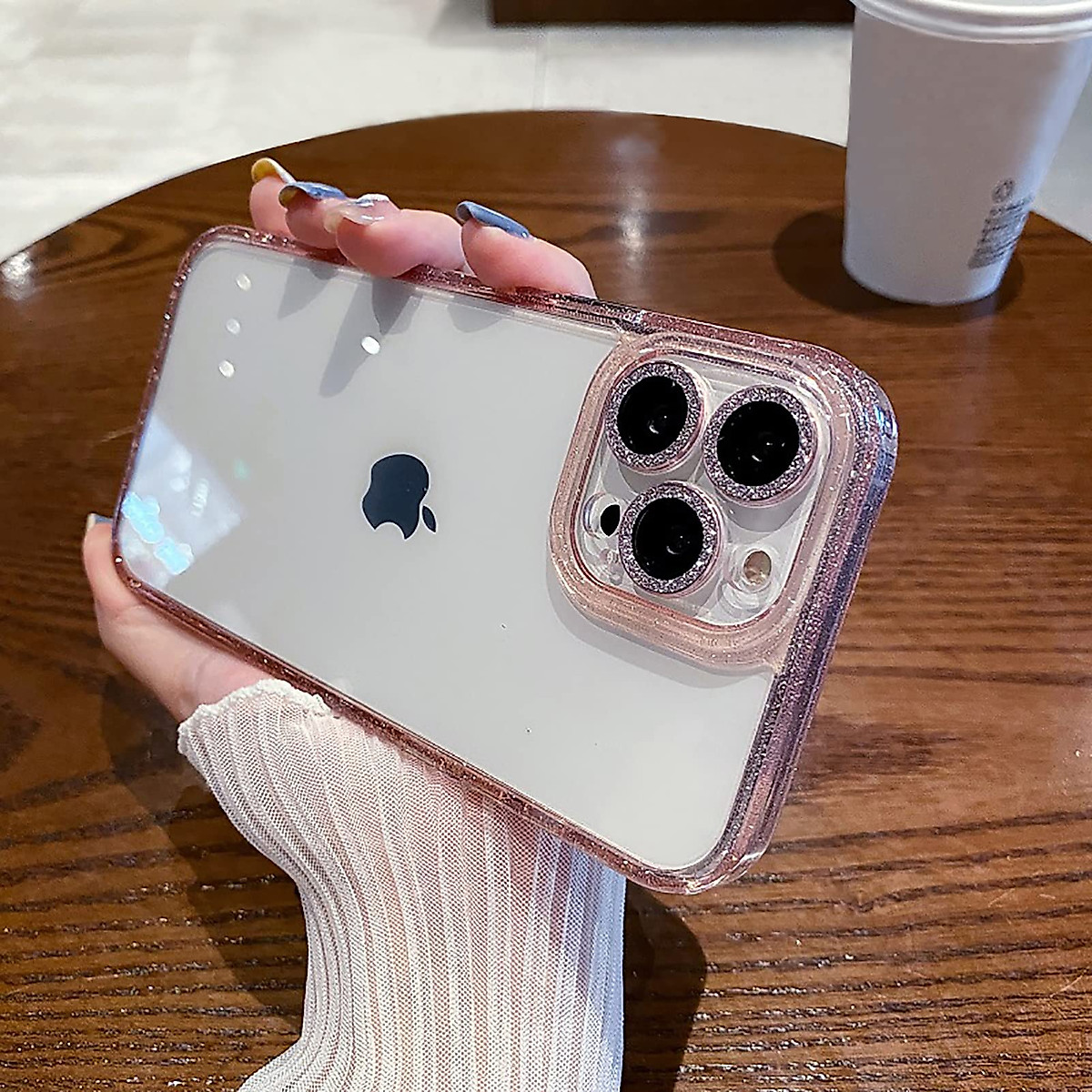 Eiyikof for iPhone 14 Pro Max Case with Bling Camera Lens Protector Cover Cute Sparkly Diamond Slim Clear Back & Glitter Bumper Silicone Shockproof Protective Case for Girls Women-Pink