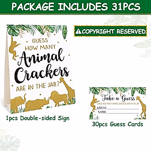 Gold Safari Baby Shower Decorations Supplies Guess How Many Animal Crackers Game with Standing Sign 30 Cards
