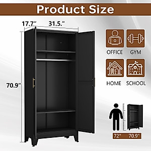 pozdeg Metal Armoire Wardrobe Closet, 71" Tall Clothing Storage Cabinet with Hanging Rods, Household Closet Organizers with Adjustable Shelves for Home Office or Gym (Black)