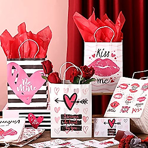 24 Pcs Valentine's Day Gift Bag Valentine's Kraft Paper Bags with Red Tissue Paper Heart Shaped Treat Goodies Bag Wrapping for Wedding Valentines Party Favor Decorations Kids Classroom Exchange Prizes