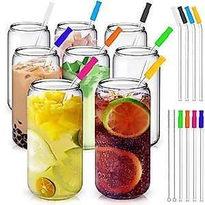 Drinking Glasses with Glass Straw 8Pcs Set, 16oz Clear Can Shaped Glass Cups, Beer Glasses, Iced Coffee Glass, Cocktail Glass, Whiskey Glass, Unique Cute Glass Set Gift, Cleaning Brushes & Straw Tips