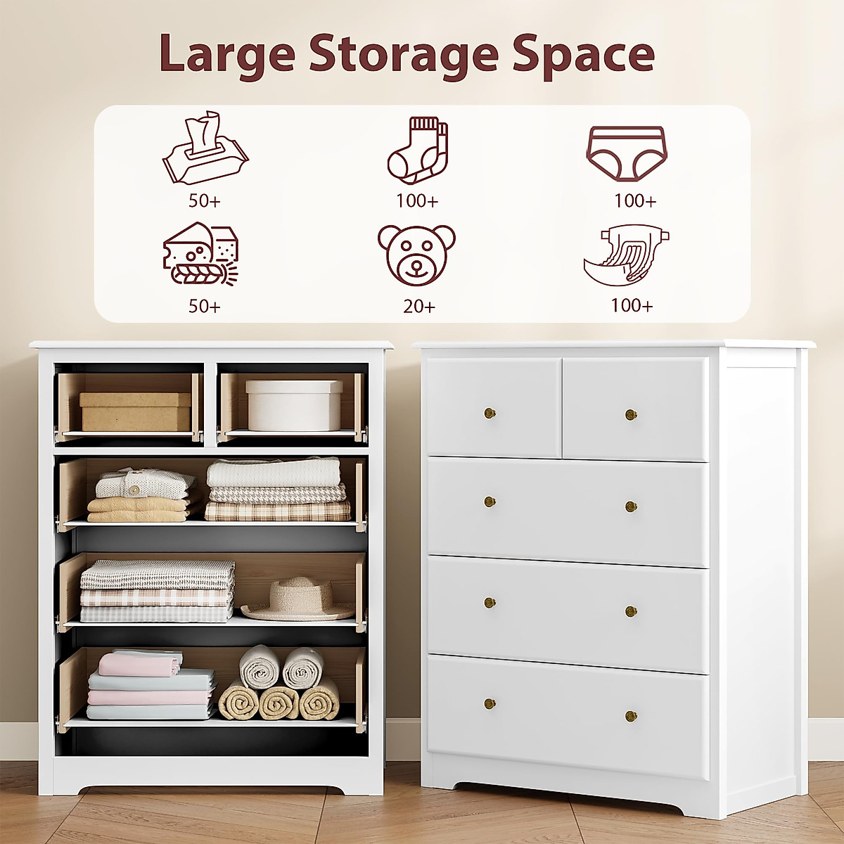 HOUSUIT Dresser with 5 Drawers, Tall Dresser Chest of Drawers, 5 Drawer Dresser with Deep Space, Wood Dresser Storage Cabinet for Living Room, Hallway, Entryway, Office, White