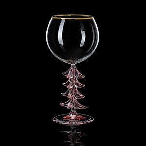 Crystal Winter Tree Stemmed Wine Glass - Pink - 12oz Goblet Bordeaux Gold Rim Colored Glassware, Cheerful Party Festive New Years Cheer for Winter Gift