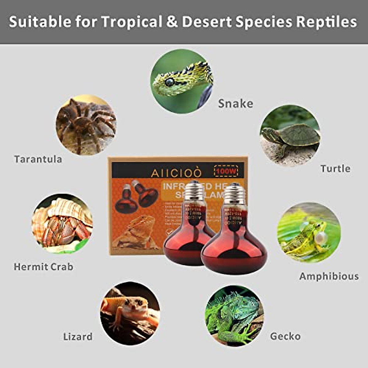 Aiicioo Reptile Red Night Light Bulb - 100W Reptile Heat Lamp Bulb Infrared Basking Spot Lamp for Bearded Dragon Lizard Turtle Hermit Crab Leopard Gecko Snake Chameleon Tank