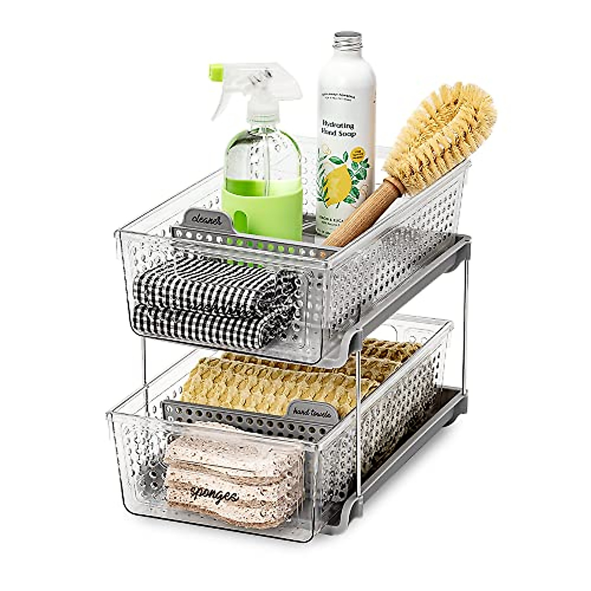 madesmart 2-Tier Plastic Multipurpose Organizer with Divided Slide-Out Storage Bins, Under Sink and Cabinet Organizer Rack, Clear
