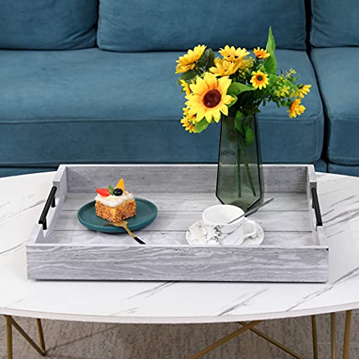 LONGNENG Wood Serving Tray Rectangle Gray Tray with Handles,Decorative Trays,Rustic Ottoman Tray for Living Room with Two Iron Handles