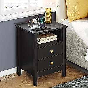 YITAHOME Nightstand with Charging Station, Night Stands with 2 Drawers for Bedroom, Modern Bedside Table End Side Table with USB Ports and Outlets, Set of 2, Black