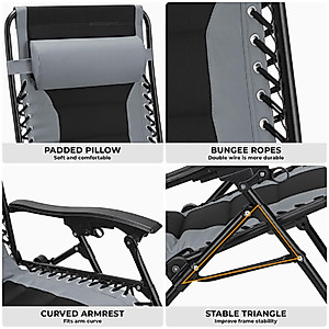 MAMIZO Padded Zero Gravity Chair, Set of 2 Foldable Outdoor Patio Recliner, Anti Gravity Adjustable Lounger w/Removable Pillows and Cup Holder Side Tables, 350 LBS (Grey)