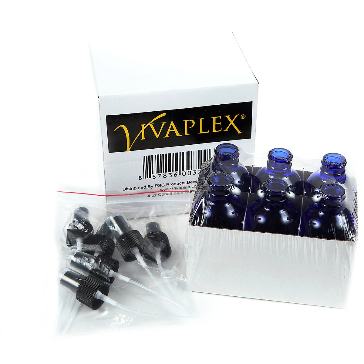 Vivaplex 6 pieces, Cobalt Blue, 4 oz Glass Bottles, with Black Fine Mist Sprayer