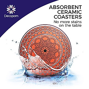 Mandala Drink Coasters with Holder - 8 Set Ceramic Boho Coasters for Drinks Absorbent with Cork Base and Black Holder - Coasters for Coffee Table Apartment Wooden Bar Mug Glasses Cup Beer