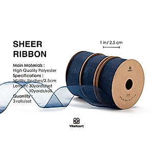 Vitalizart Navy Blue Ribbon Organza Sheer Ribbon 1 inch x 30Yd in Total Handmade Eco-Friendly Fabric Ribbons for Gift Wrapping Christmas Tree Crafts Bows Wedding Invitations Wreaths Wrap