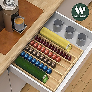 WELL WENG Larger Expandable Bamboo Organizer Holder for Counter Drawer Insert - Compatible with Nespresso Vertuo Capsules - Tea Bags Storage (Natural)