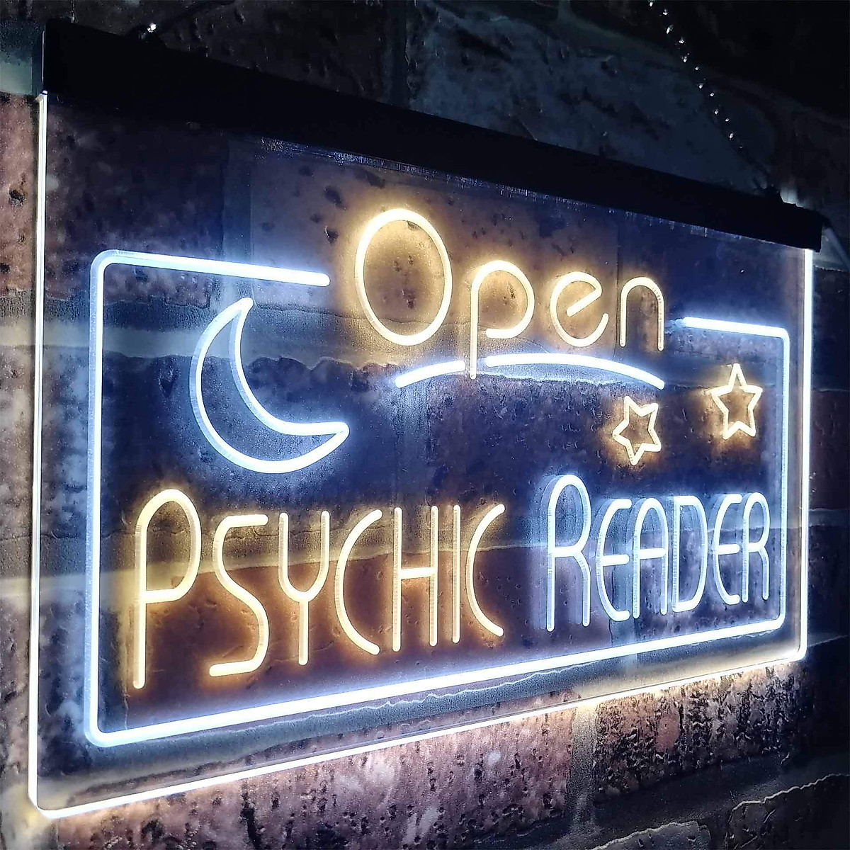 ADVPRO Psychic Reader Open Moon Star Room Décor Dual Color LED Neon Sign White & Yellow 24" x 16" st6s64-i3204-wy