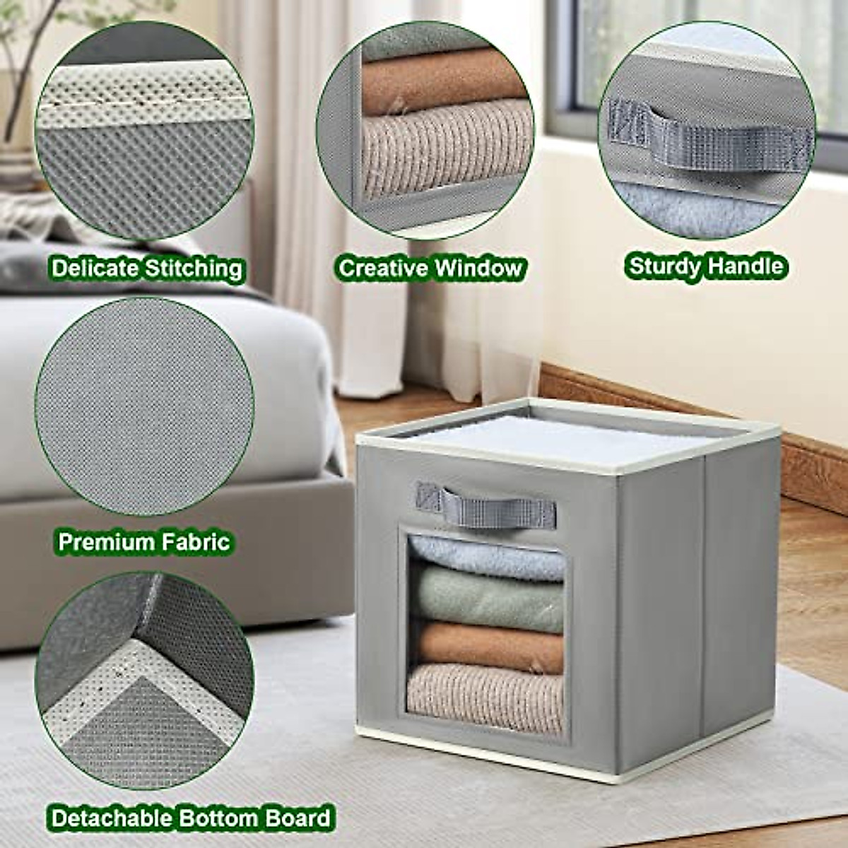 Homsorout Storage Cubes, Storage Bins with Lids and Window, Foldable Closet Storage Baskets with Handle for Clothes, Books, Home, Office, Set of 6, Grey