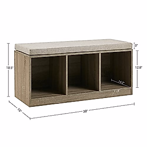 510 DESIGN Zeus Storage Bench - 3 Cubeicals Bedroom Organizer, Padded Ottoman Foot Rest for Living Room, Entry Way Home Furniture w/Upholstered Seat Cushion, 15" W x 38" L x 18" H, Grey