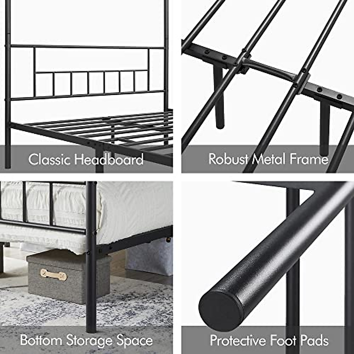 Yaheetech Metal Canopy Platform Bed Frame Four-Poster Canopied Bed Mattress Foundation with Headboard and Footboard Sturdy Slatted Structure No Box Spring Needed Easy Assembly Queen Black